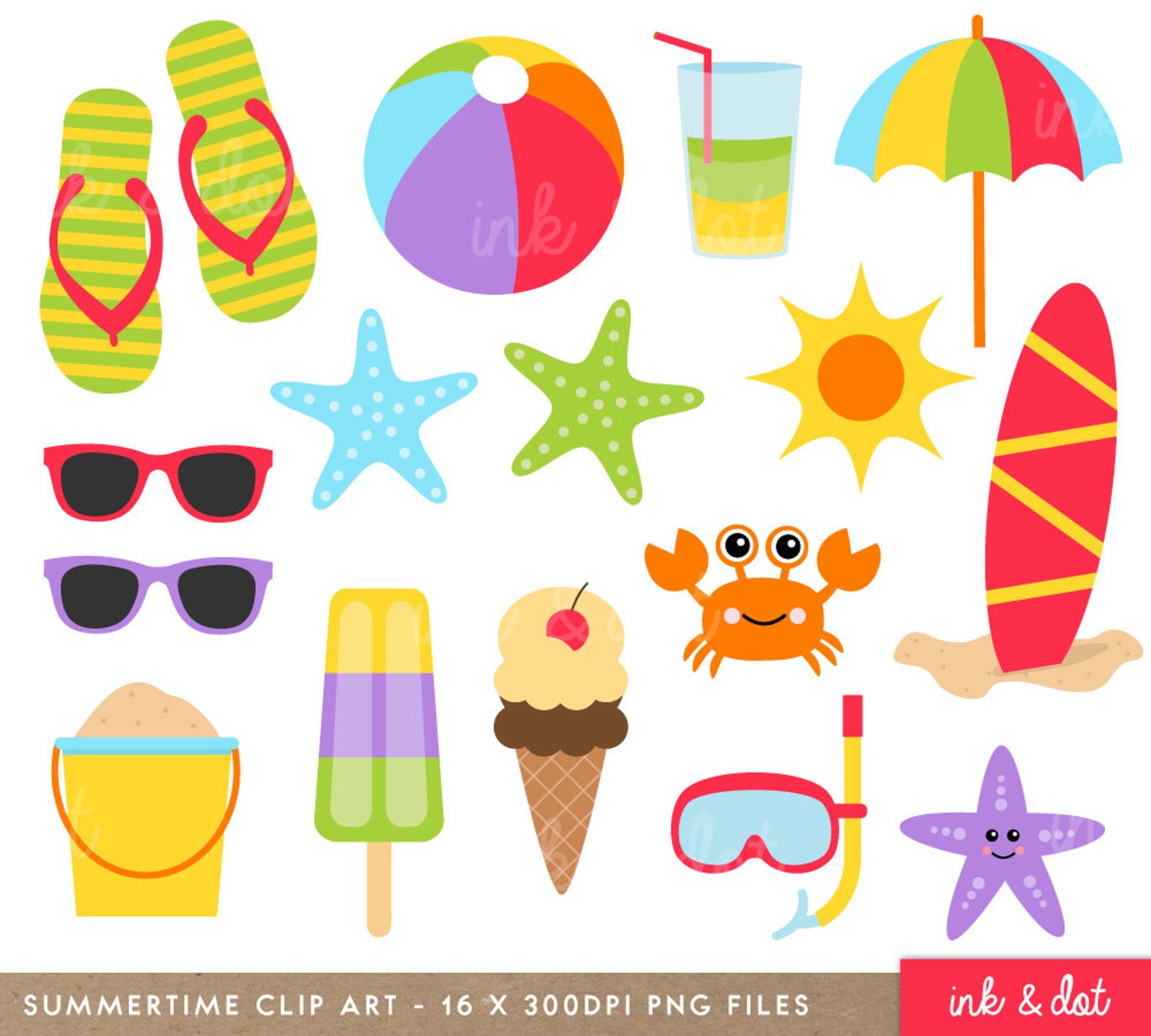 Summertime Beach Clip Art Set - Crab, Starfish, Sand, Bucket, Umbrella ...