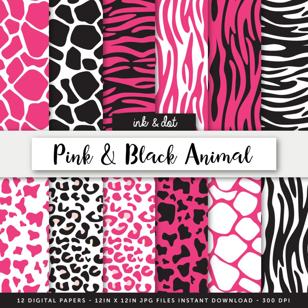 Black & Pink Safari Animal Patterned Digital Paper Leopard, Tiger ...