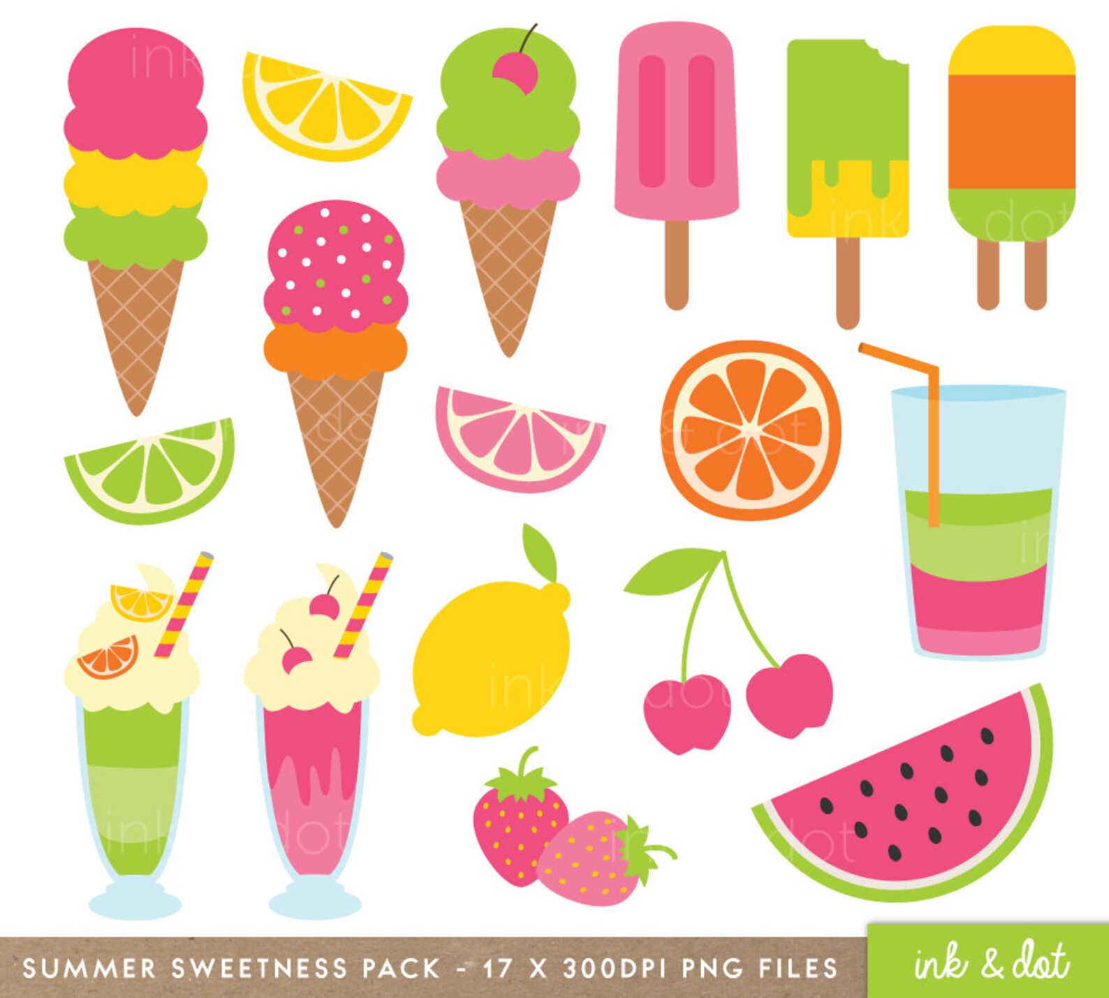 Summer Sweetness Clip Art Set Ice Cream, Milkshakes, Fruit, Smoothies ...