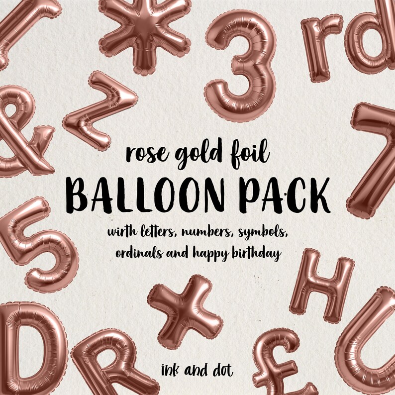 Rose Gold Foil Balloon Clip Art: Letters, Numbers, Symbols (PNG Instant ...