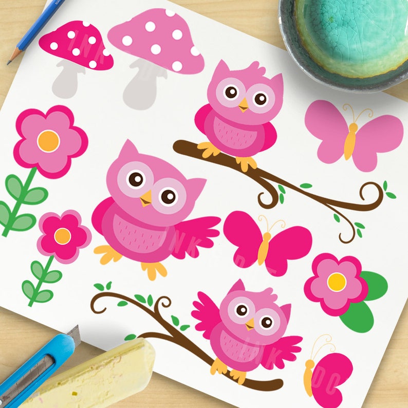 Pink Owl Clip Art, Owls Flowers Hoot, Girls, Butterflies, Baby Shower ...