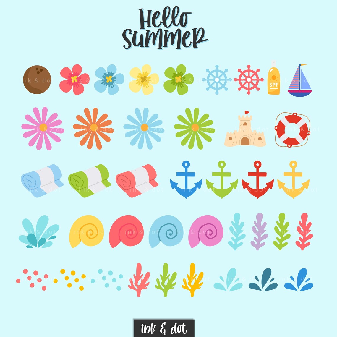 Summer Clipart Bundle: Beach, Tropical, Animal Graphics - 225 PNG Files ...