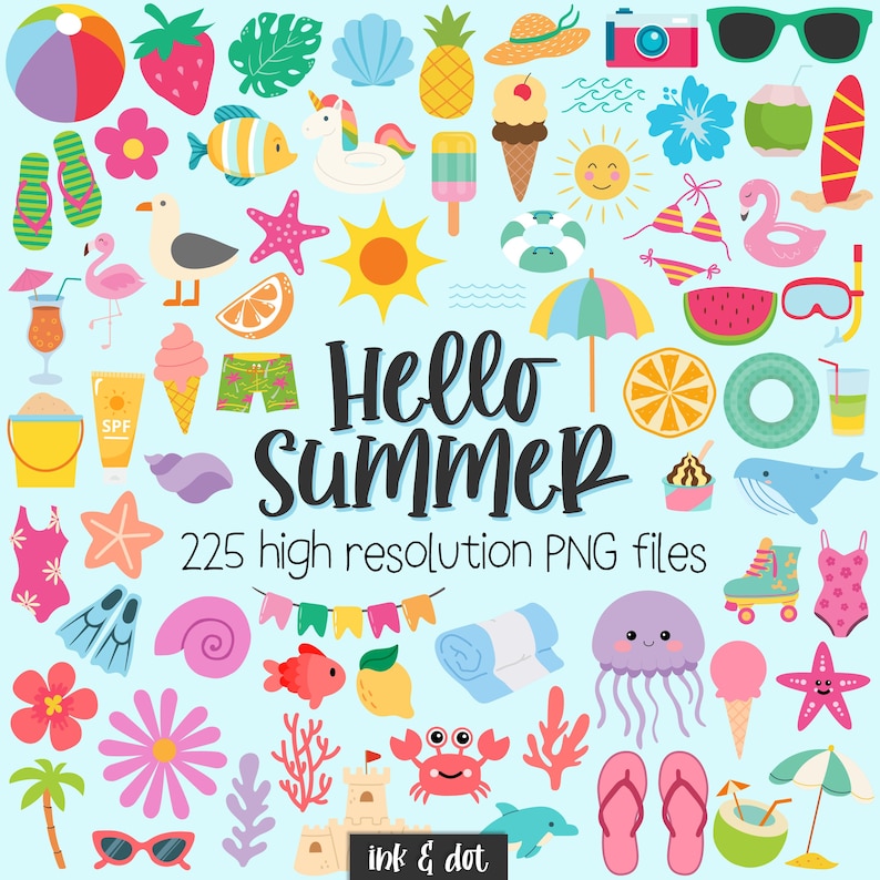 Summer Clipart Bundle: Beach, Tropical, Animal Graphics - 225 PNG Files ...