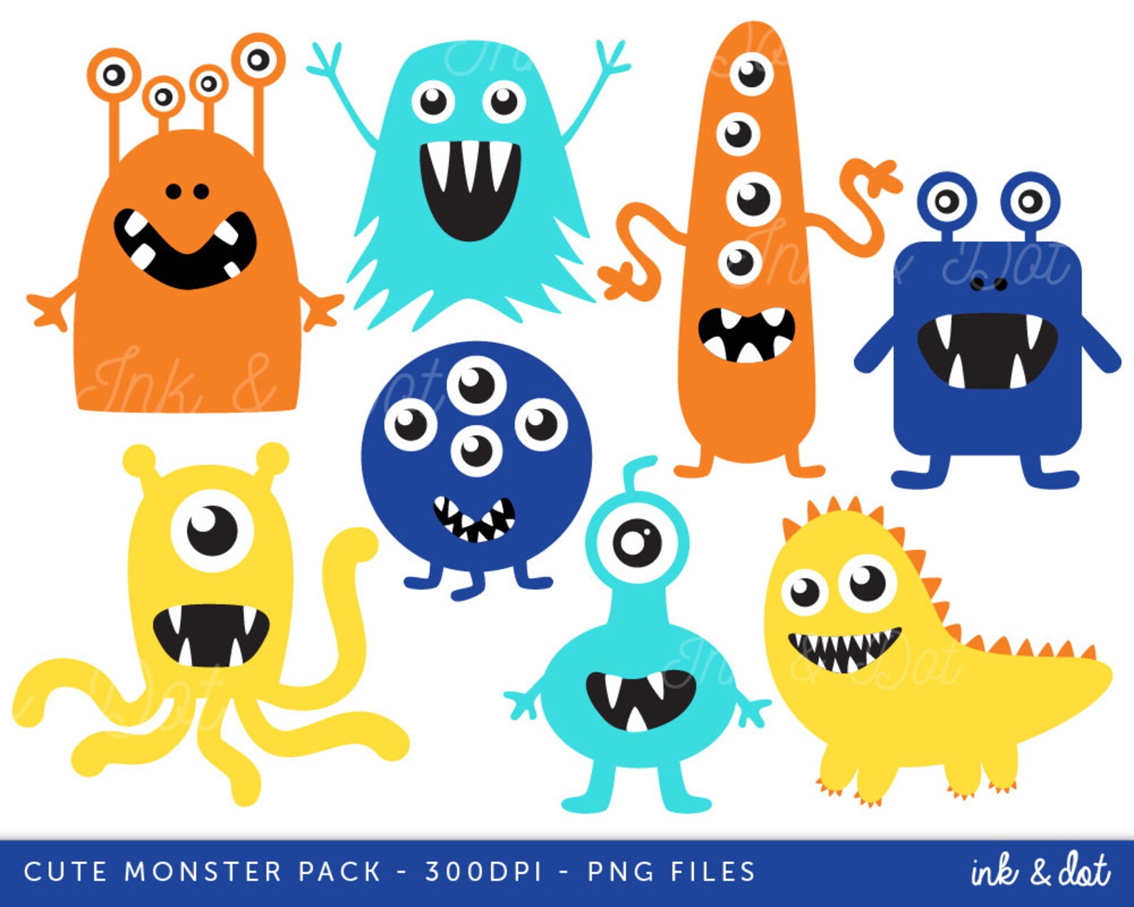 Monsters Clip Art, Aliens Clipart, Blue, Teal, Orange, Navy, Party Clip ...