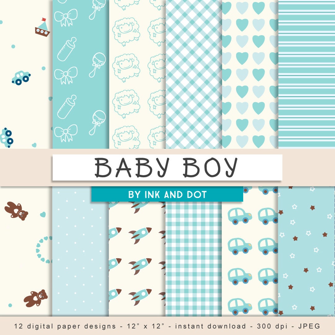 Baby Boy Digital Paper Scrapbooking Papers, Rockets, Cars, Patterned ...