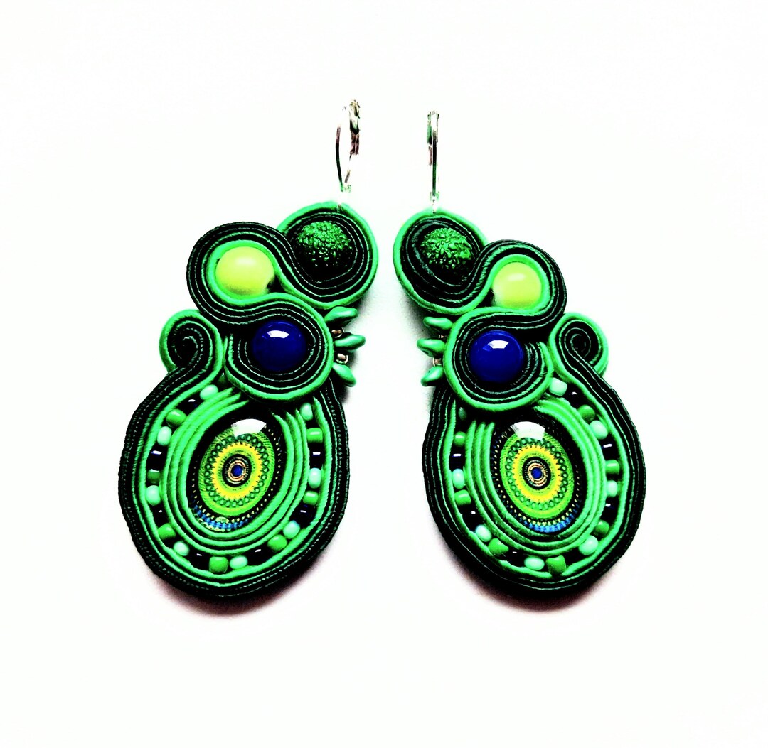 Hand Embroidered Soutache Earrings: Green Field Beaded Jewelry ...