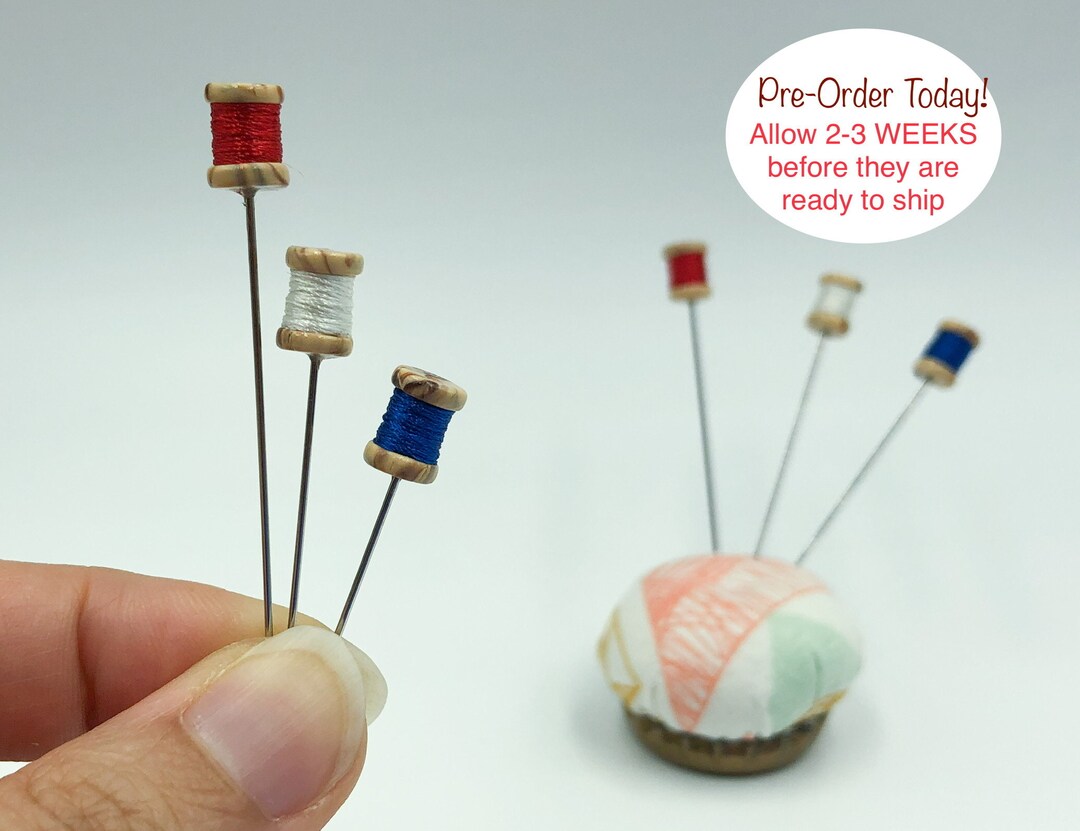 Pre Order 6 Pc Mini Thread Spool Sewing Pins Red White And Blue Etsy
