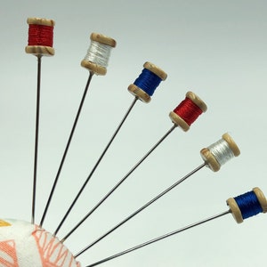 6 Pc Mini Thread Spool Sewing Pins Red White & Blue, Decorative Sewing ...