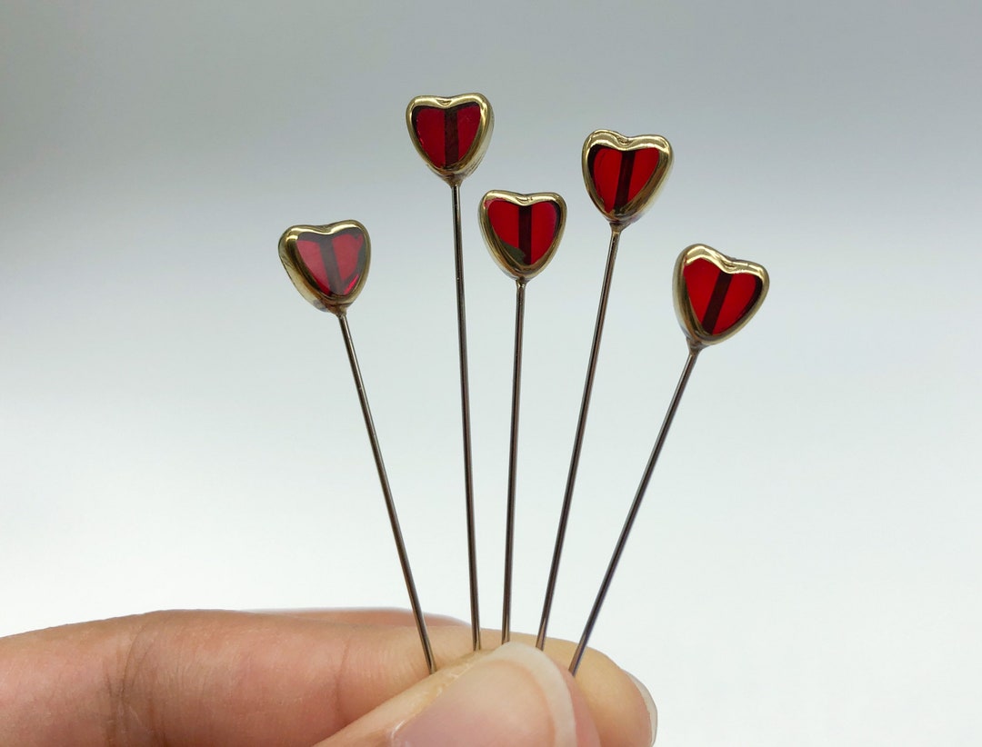 5 Pc Glass Red Heart Decorative Sewing Pins, EX Long, Fancy Cross ...