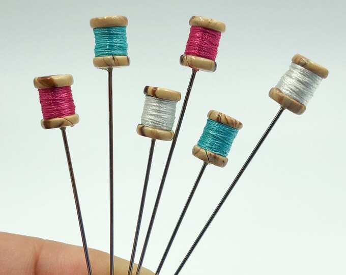6 Pc Thread Spool Decorative Sewing Pins, Handmade Polymer Clay Pink Lt ...