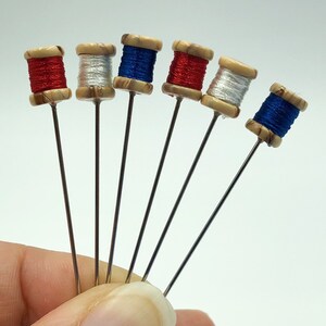 6 Pc Mini Thread Spool Sewing Pins Red White & Blue, Decorative Sewing ...