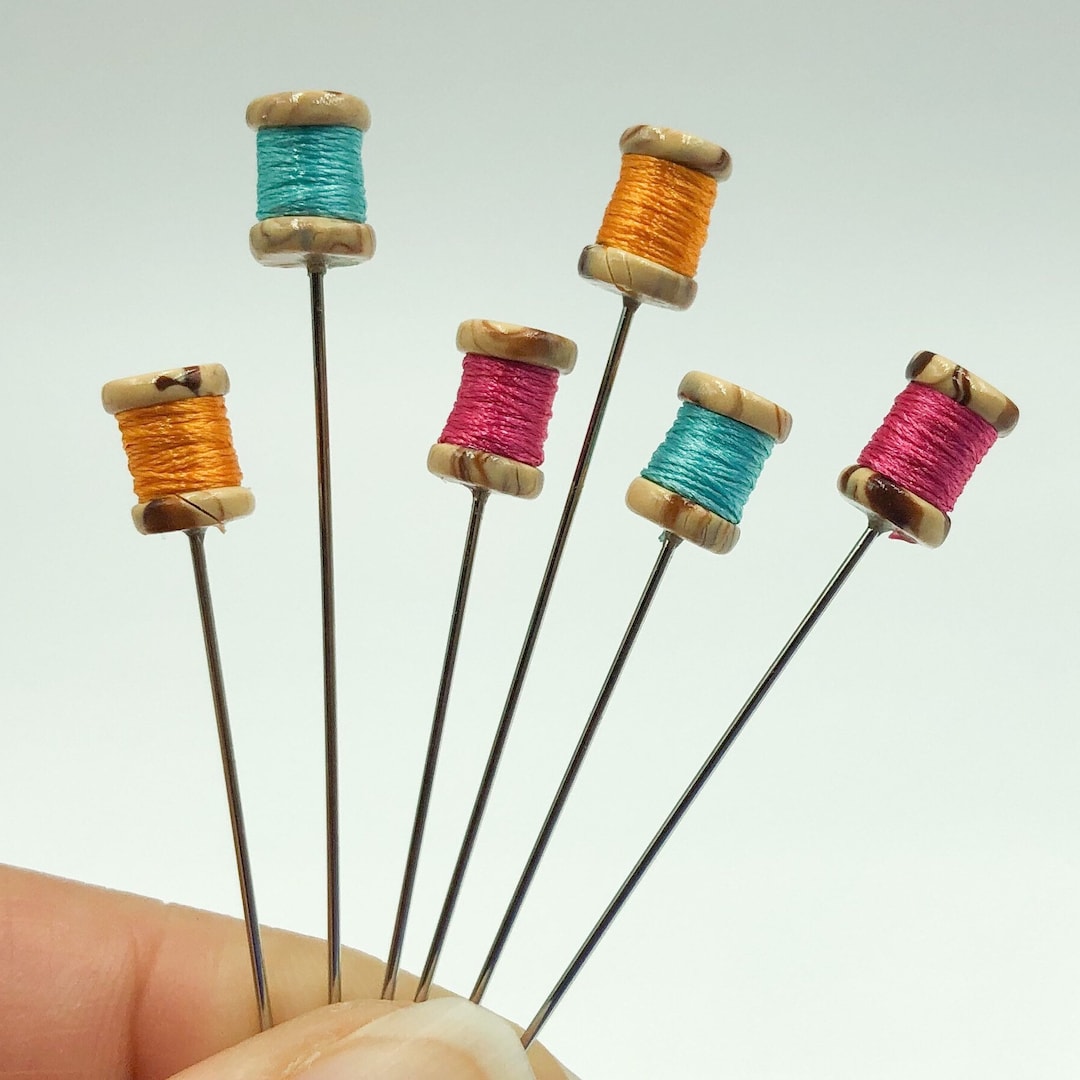 6 Pc Thread Spool Decorative Sewing Pins EX Long Pink, Lt Blue & Orange ...