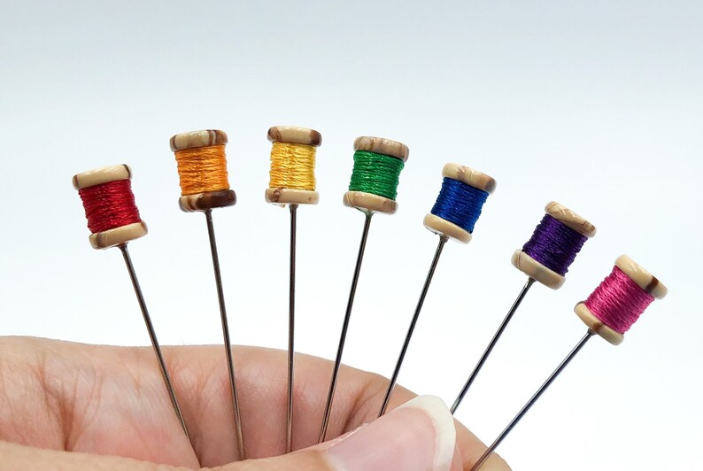 7 Pc Rainbow Colors Mini Thread Spool Decorative Sewing Pins - Etsy