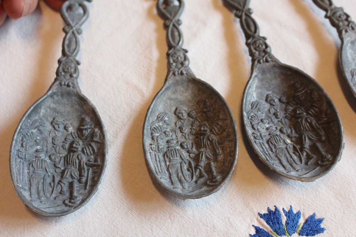Antique Pewter Spoons Vintage Tin Spoons Zinn Embossed Pewter - Etsy