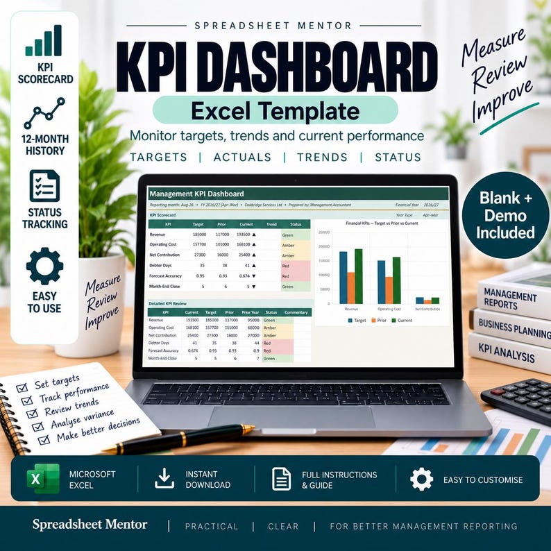 KPI Dashboard Excel Template | Management Accounts Spreadsheet | Blank ...