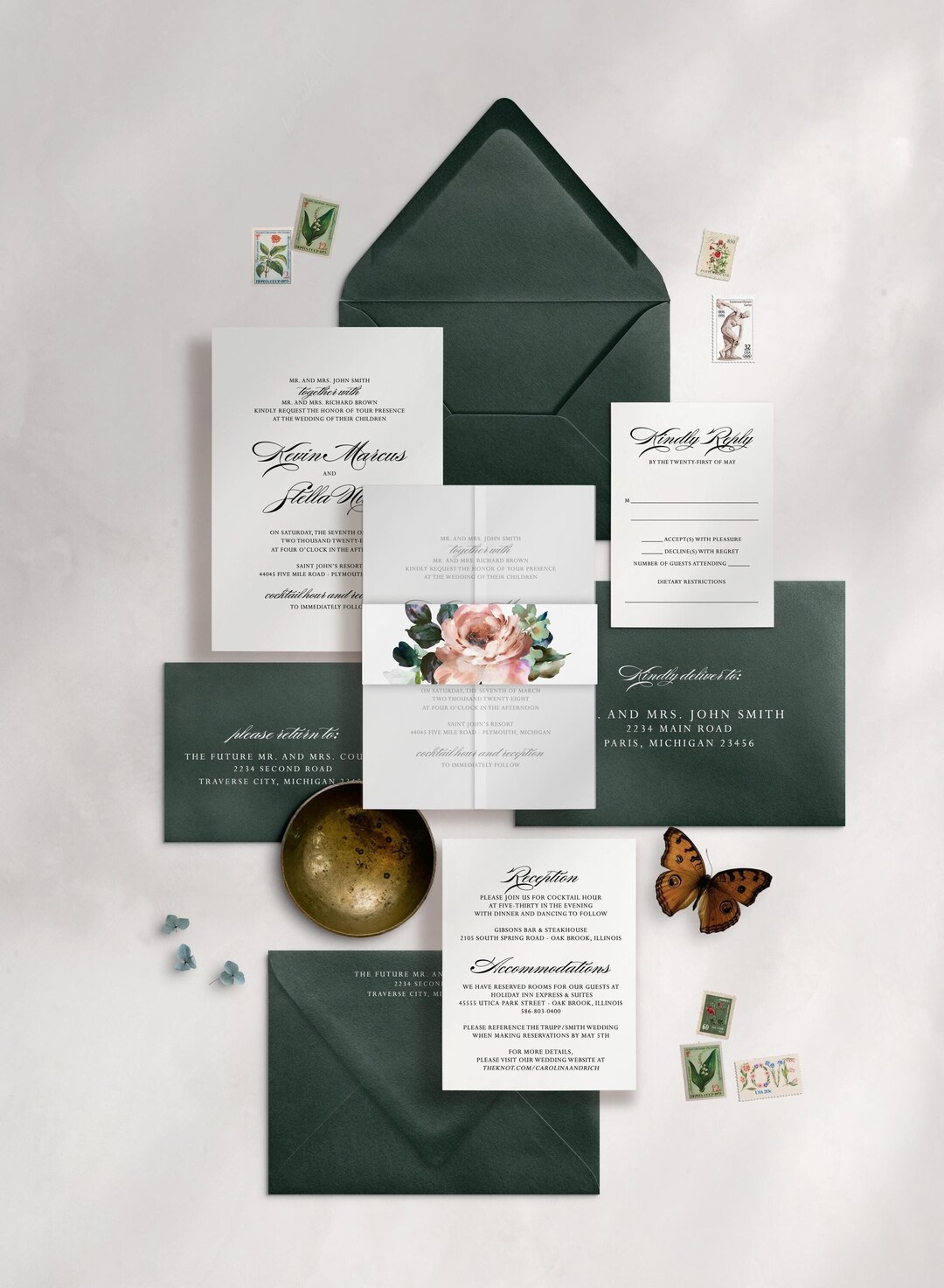 Dark Green Wedding Invitation Sample With Floral Vellum Wrap and ...