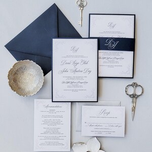 Simple Monogram Wedding Invitation Set With Band, Classic Elegant Invitation Suite, Navy and ...