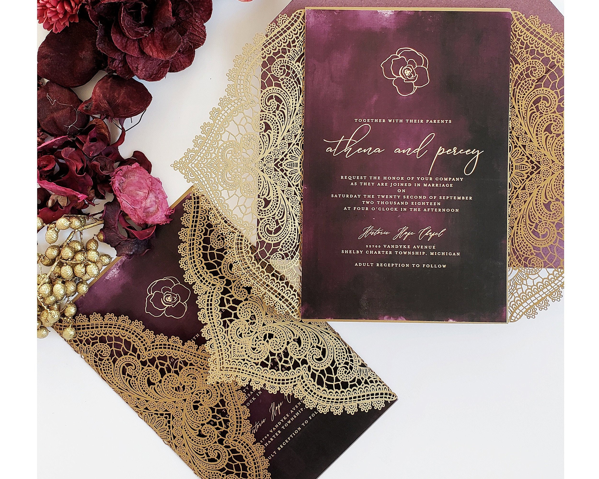 Moody Wedding Invitations Gold And Marsala Purple And Gold Wedding