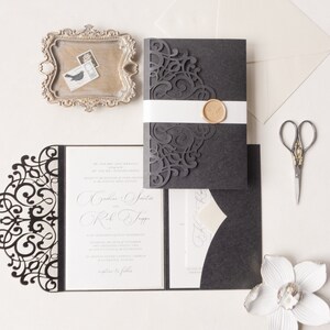 Black Pocket Invitation Laser Cut Wedding, Black Laser Cut Pocket ...