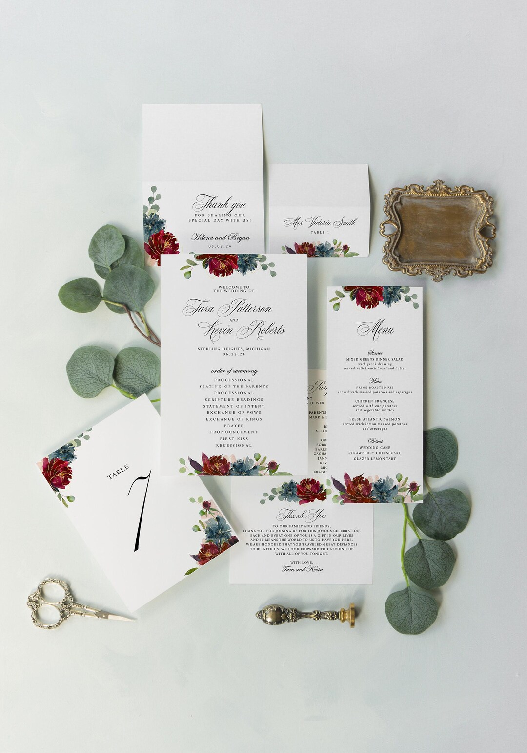 Floral Wedding Day Items Sample Pack, Navy and Burgundy Reception Items ...