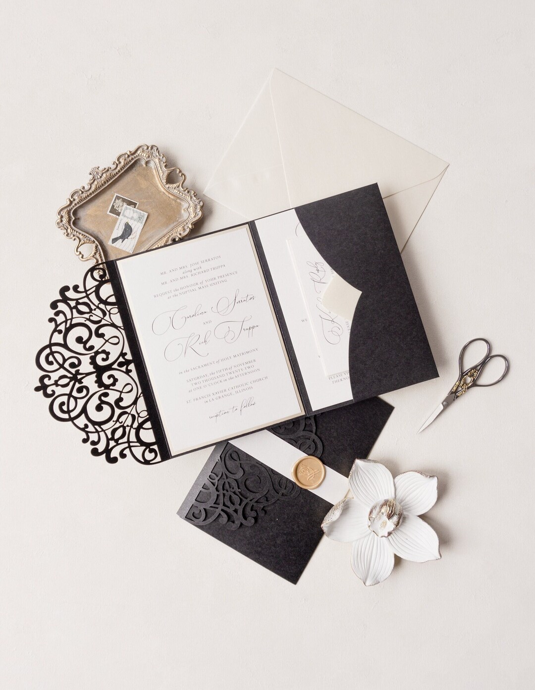 Black Pocket Invitation Laser Cut Wedding, Black Laser Cut Pocket ...