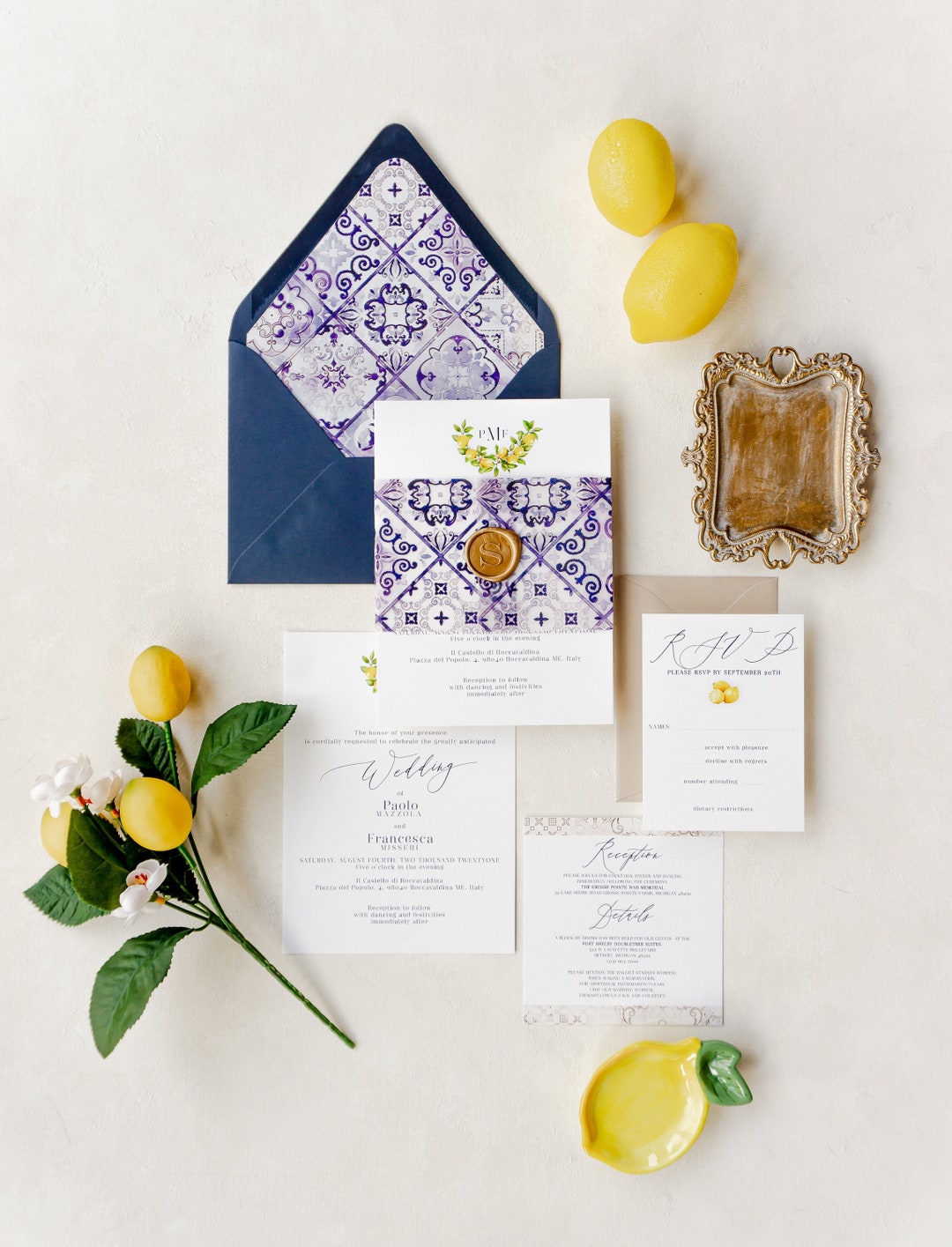 Italian Wedding Invitation, Wedding Invitation With Lemons and Ceramic ...