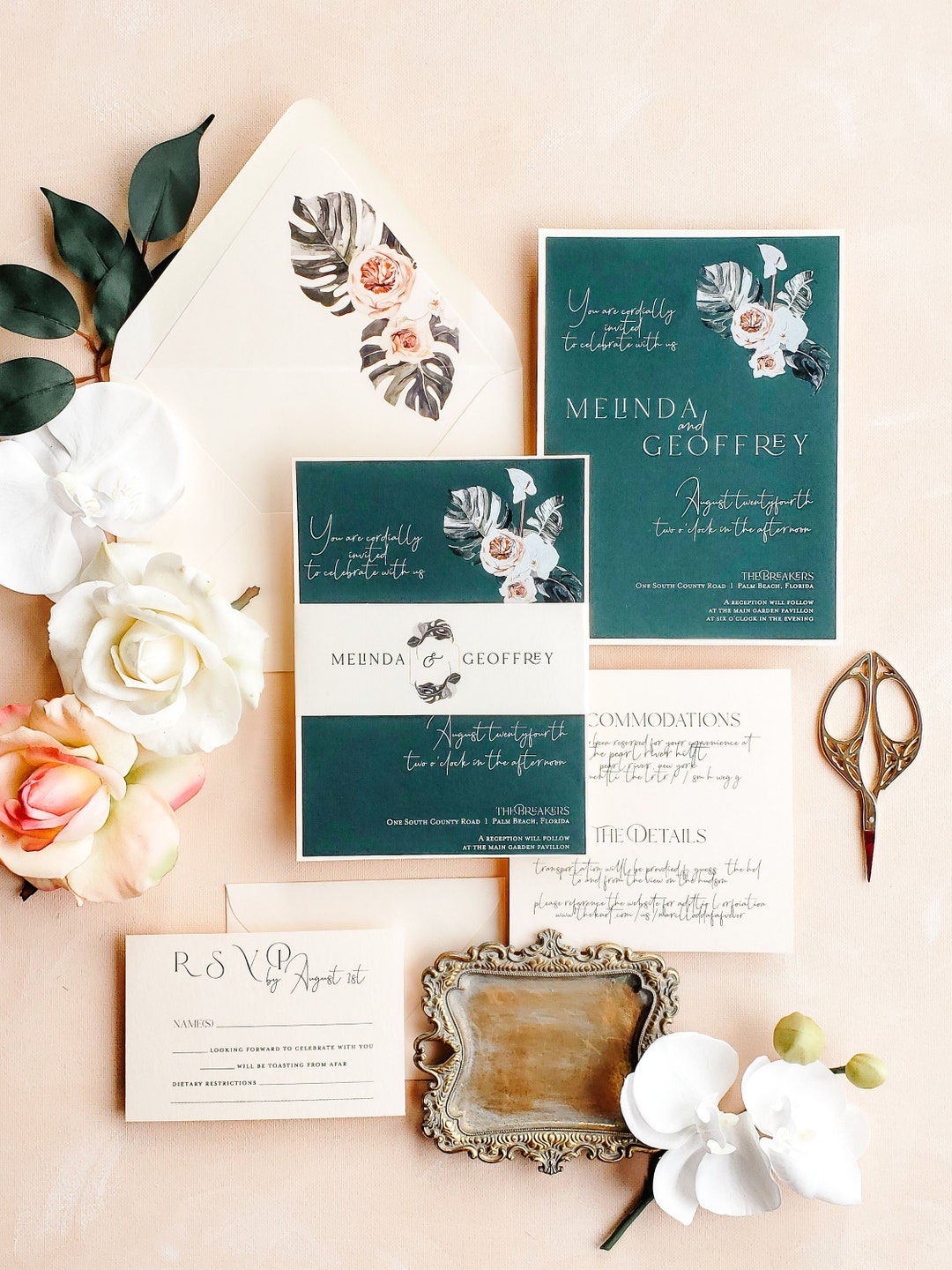 Modern Tropical Wedding Invitations, Emerald Green and Blush Wedding ...