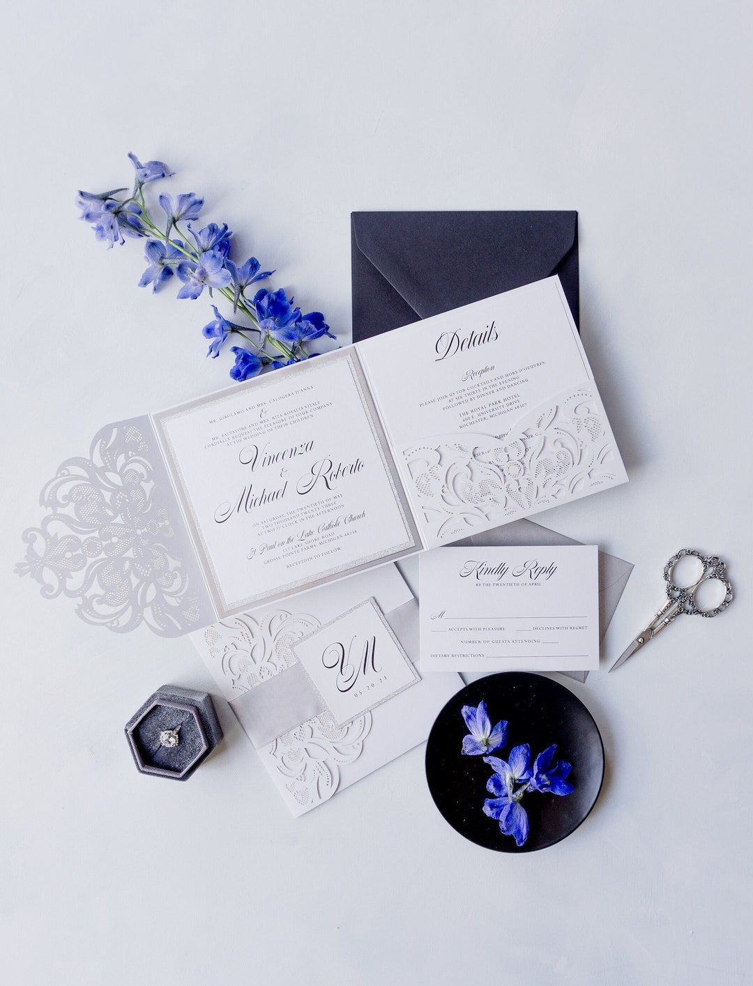 White Lace Cut Pocket Folder Invitation | Elegant Silver Ribbon Design ...