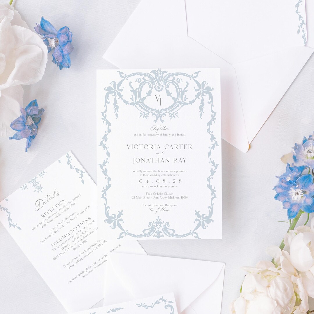 Regency Wedding Invitations With Baroque Details, Dusty Blue Accents ...