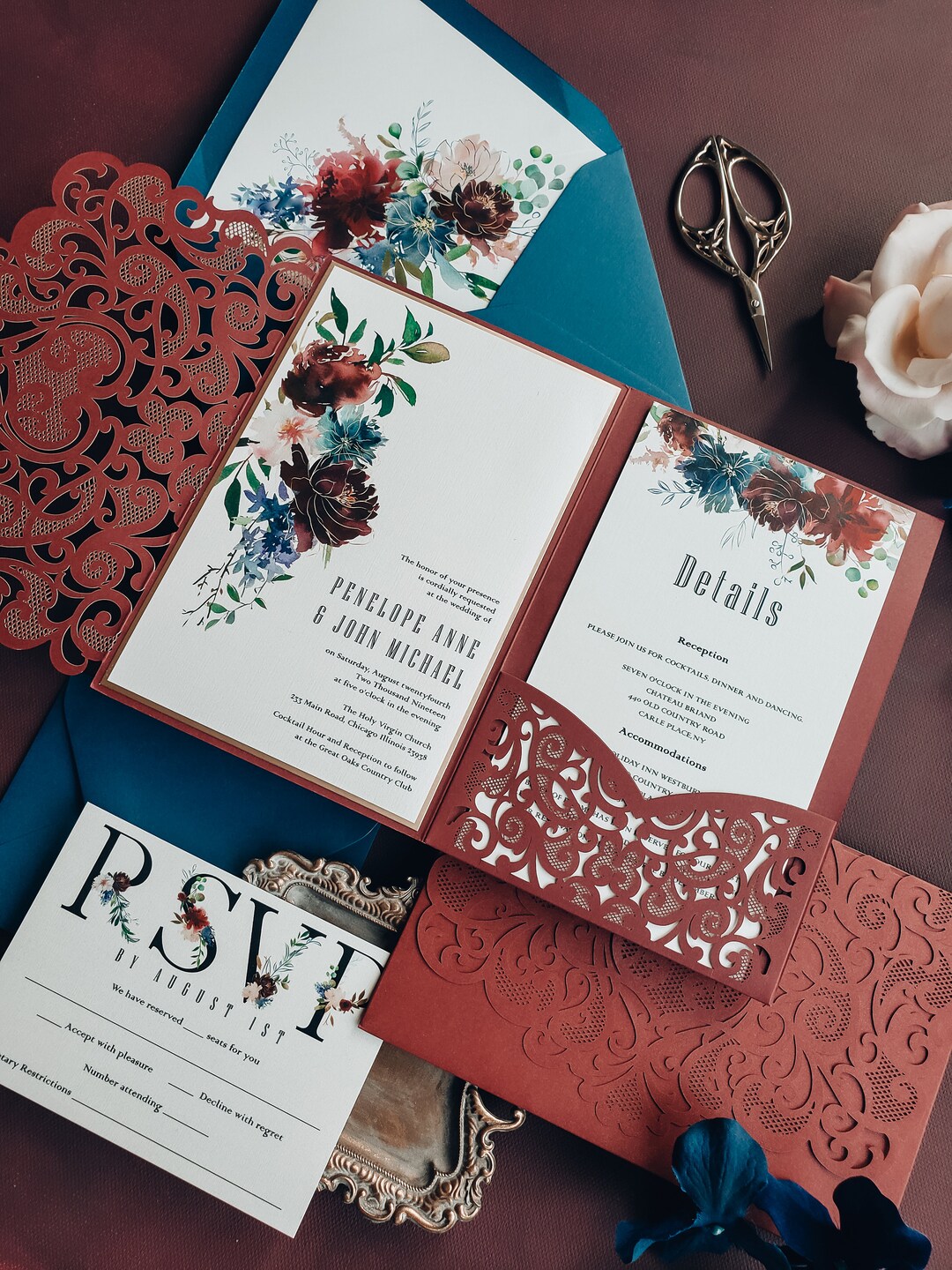 Pocketfold Wedding Invitation, Trifold Wedding Invitation, Laser Cut ...
