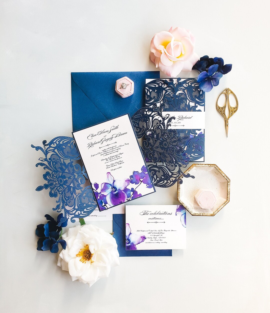 Orchid Wedding Invitations, Navy Blue Laser Cut Wedding Invitations ...