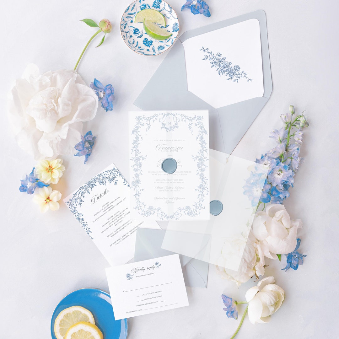 Regency-inspired Wedding Invitations With Vellum Wrap, Blue Floral ...
