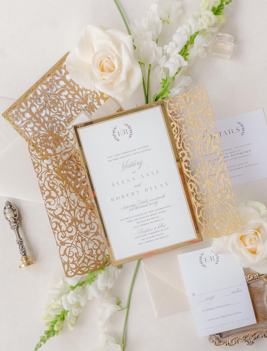 Elegant Wedding Invitation, Wedding Invitation Set Gold Foil, Laser Cut ...
