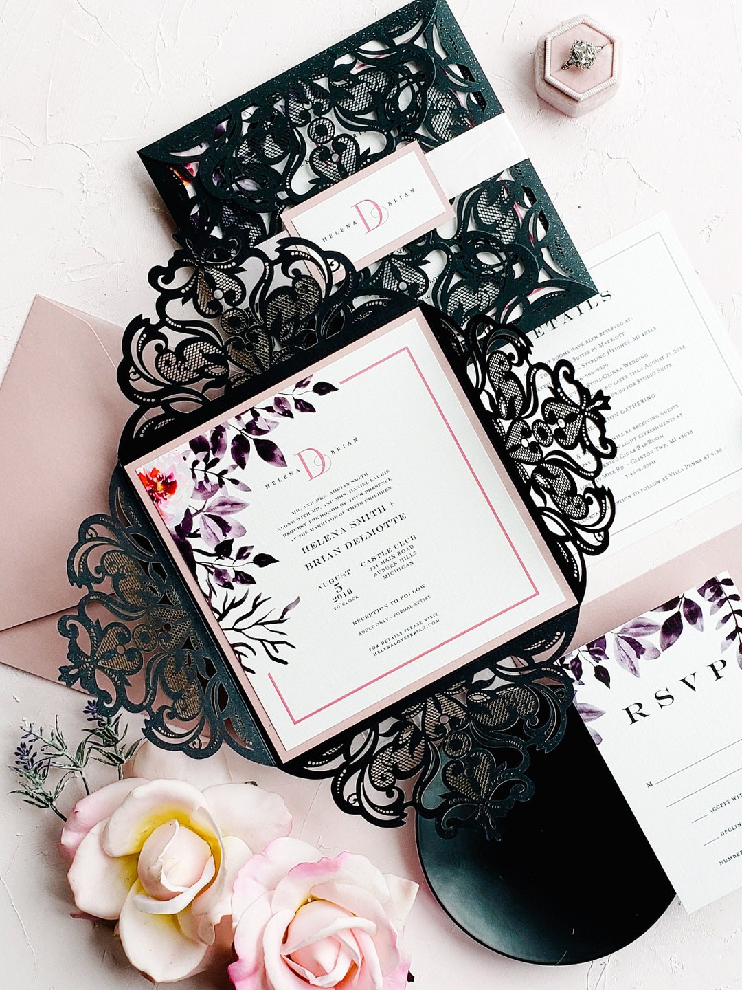 Black Wedding Invitations, Dark Wedding Invitation, Floral Wedding ...