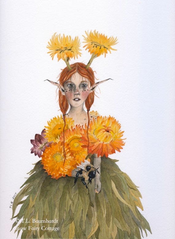 Strawflower Sprite Fairy Art Print reproduction Matted 8 - Etsy