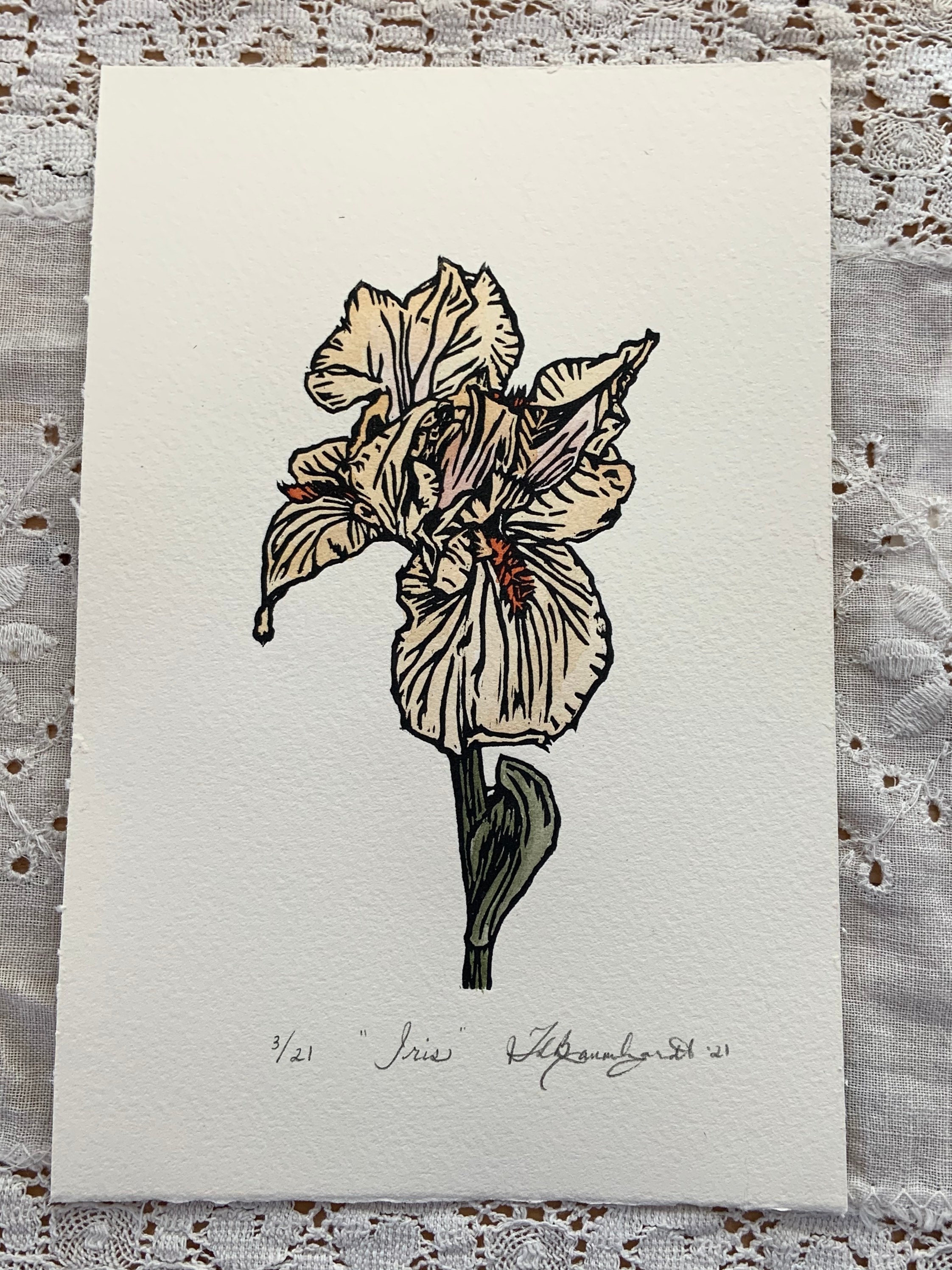 Iris Woodcut Print Hand-coloured, Limited Edition - Etsy