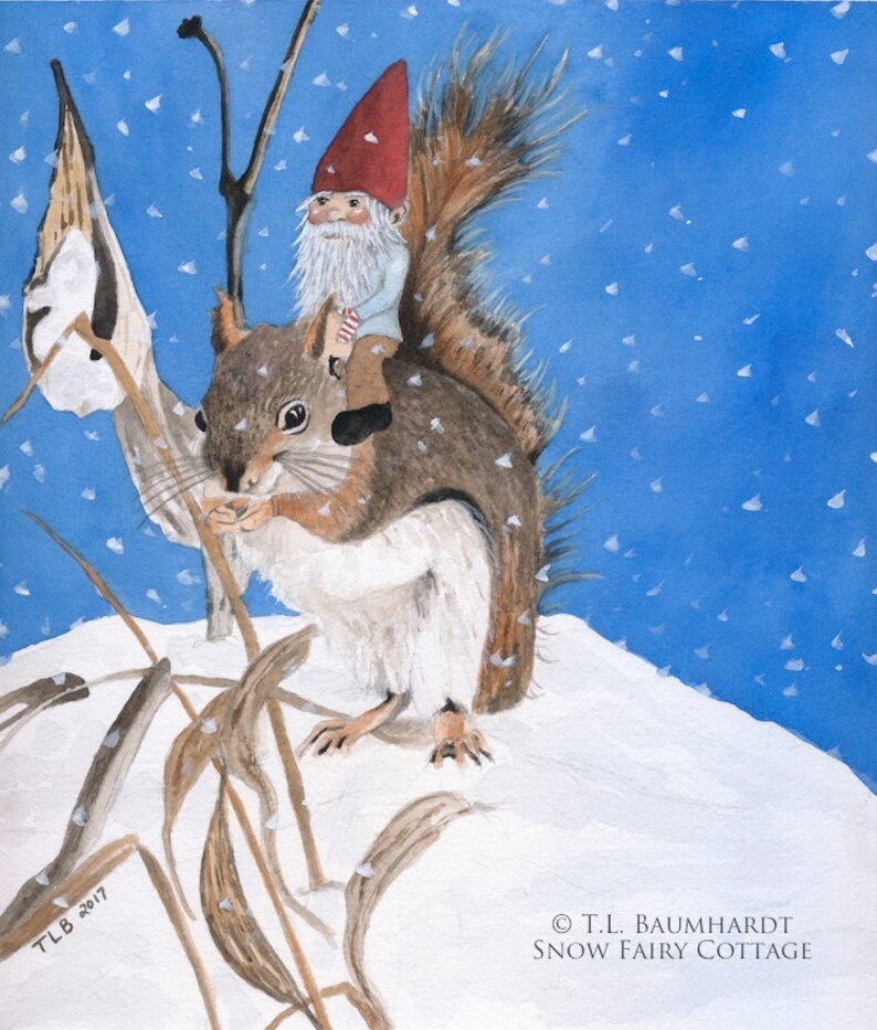 Gnome & Squirrel (A Winter Adventure) - Gnome Art Print (reproduction ...
