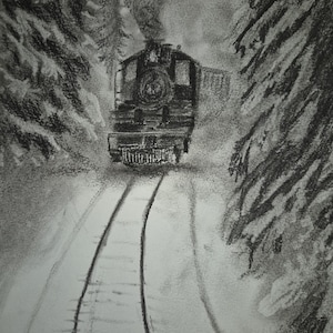 Charcoal Drawing of Train in Snow Landscape Wall Art Home Decor - Etsy