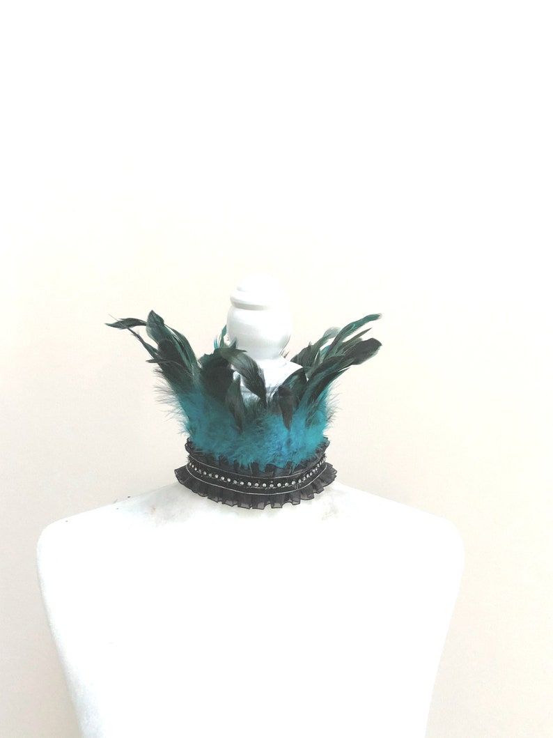 Teal Feather collar / Steampunk high collar/ Burlesque fringe | Etsy