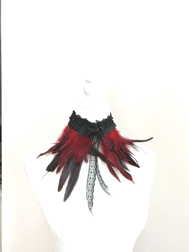 Red Feather collar / Steampunk high collar/ Burlesque fringe | Etsy