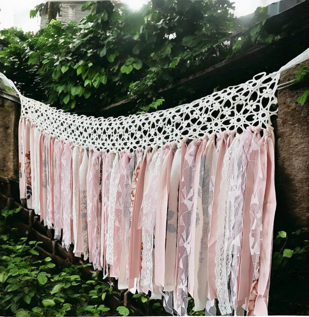 Custom Pink Rustic Fringe Window Treatment Lace Curtain Rag Tie Garland ...