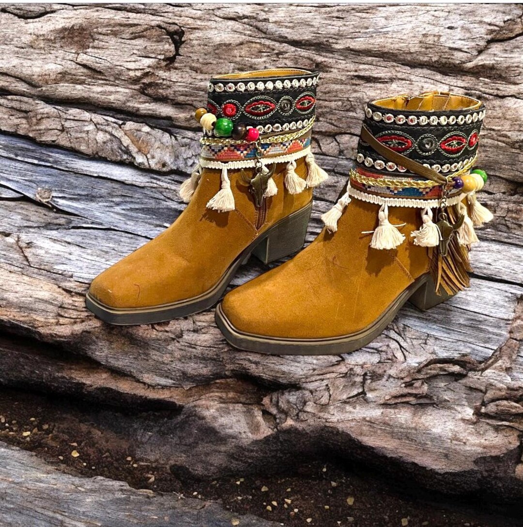 Handmade Boho Boot Cuffs: Embroidered Western Boot Toppers With Pompom ...