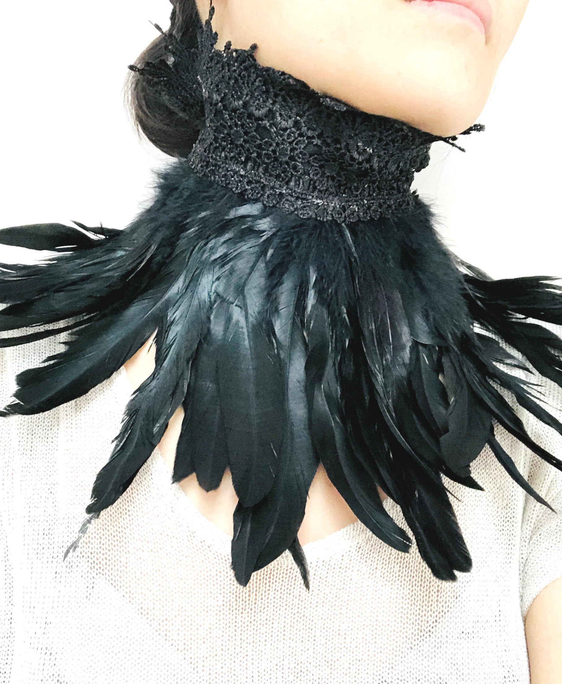 Black feather collar / Steampunk high collar/ Burlesque fringe | Etsy
