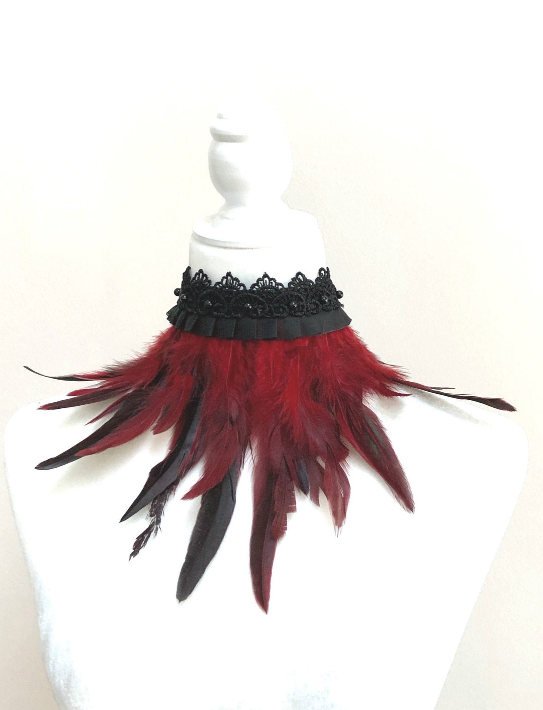 Red Feather Collar / Steampunk High Collar/ Burlesque Fringe Collar ...
