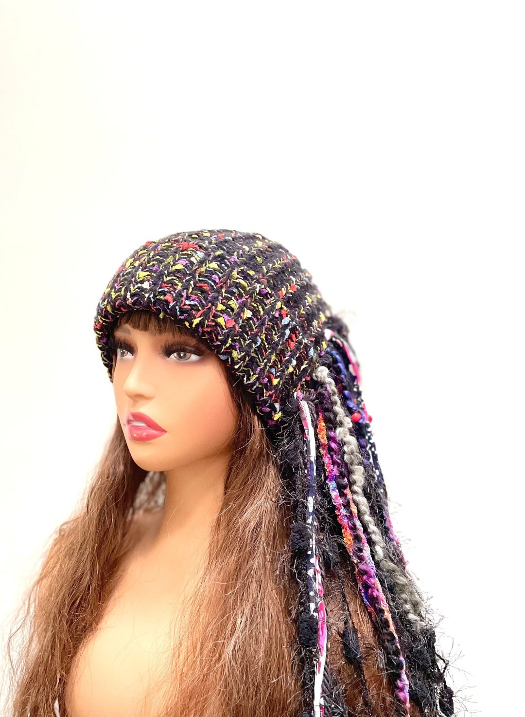 Black Long Fringe Knit Hat Fringe Beanie Slouchy Beanie Boho Beanie ...