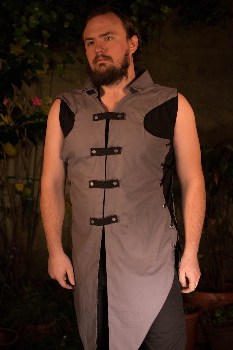 Grey Sleeveless Pointed Elf Mage Coat With Silver Spinal Cord Studs ...