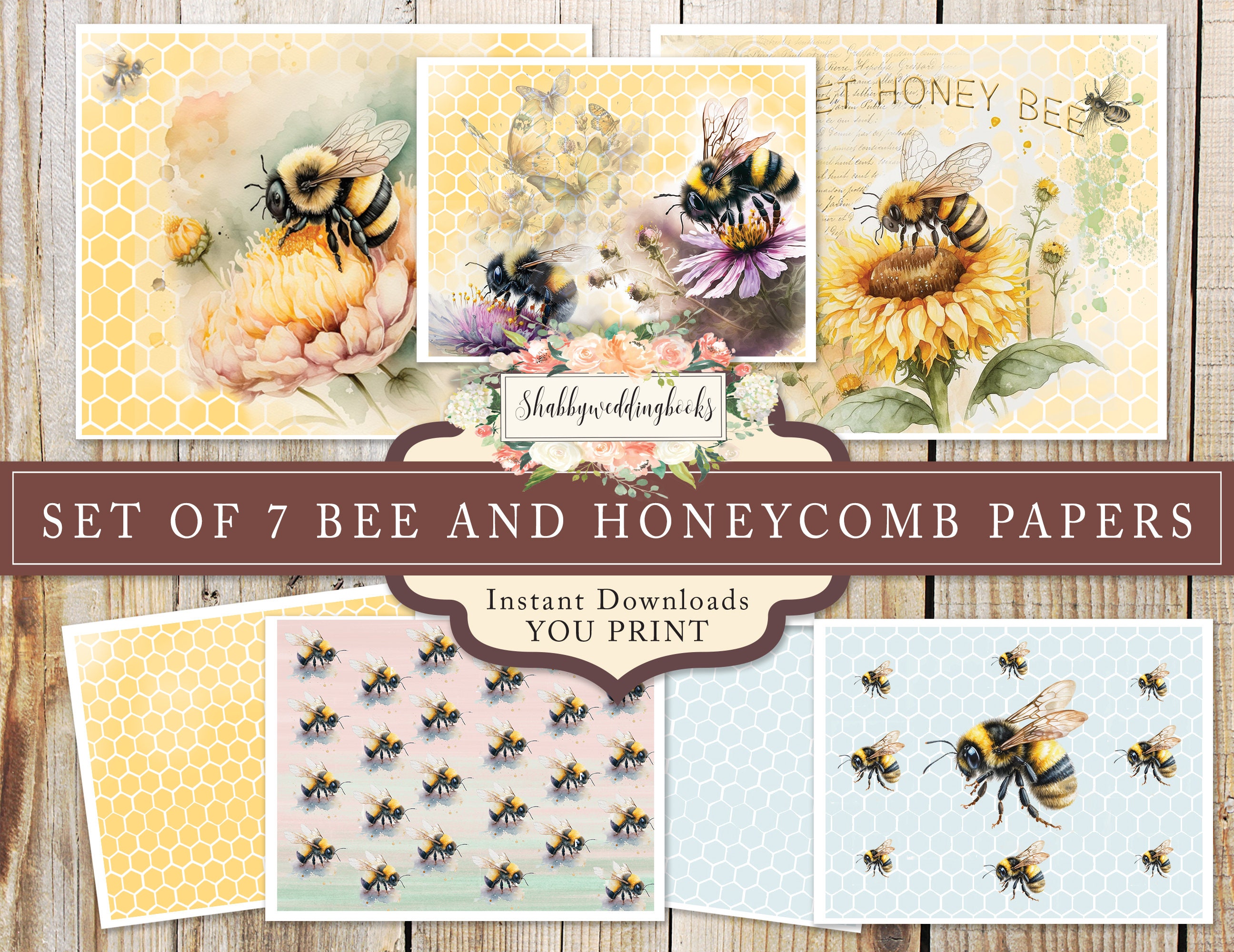 Set of 7 Bee and Honeycomb Scrapbooking Papers, Honey Bees in ...