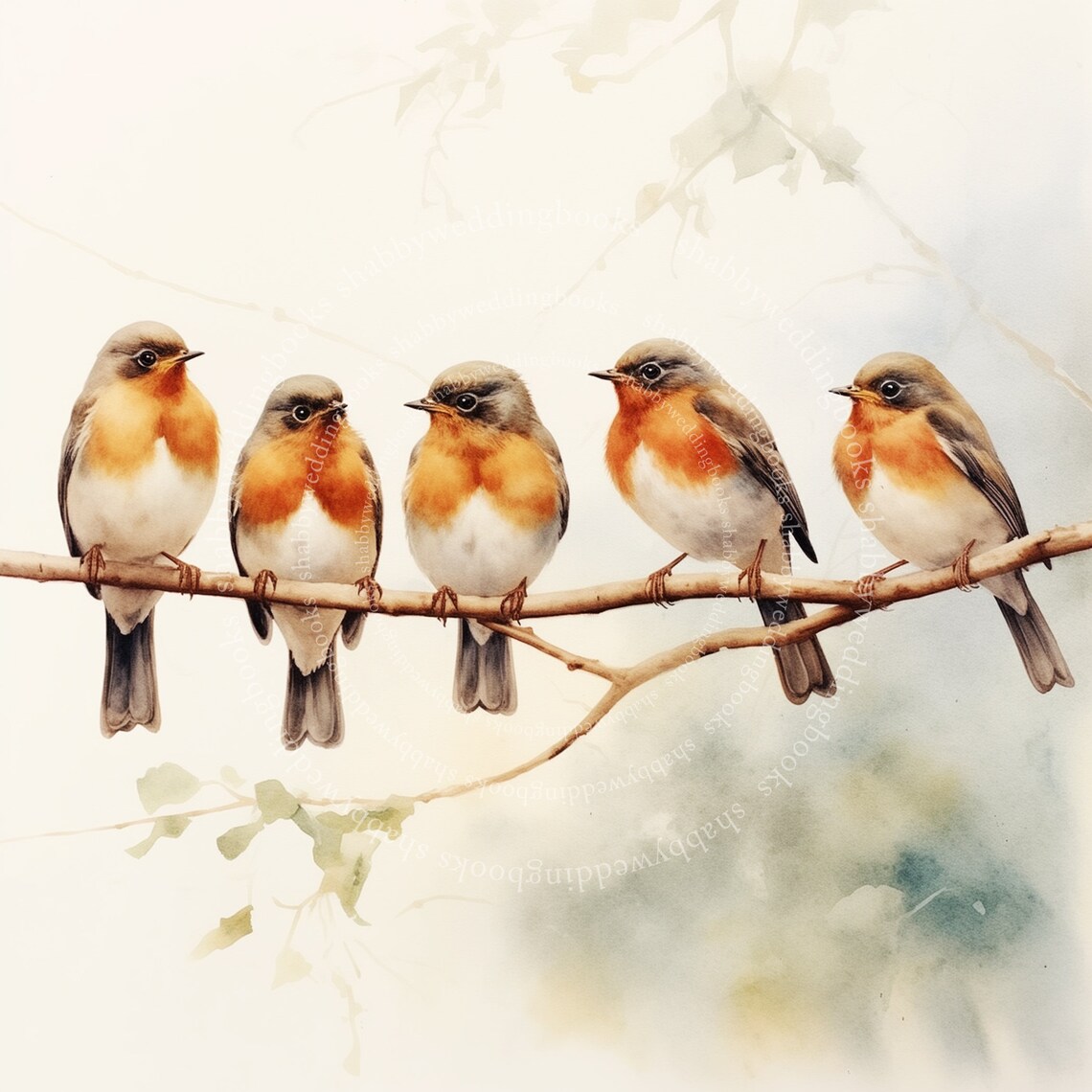 Three English Red Robin Redbreast Watercolor Illustrations, JPG ...