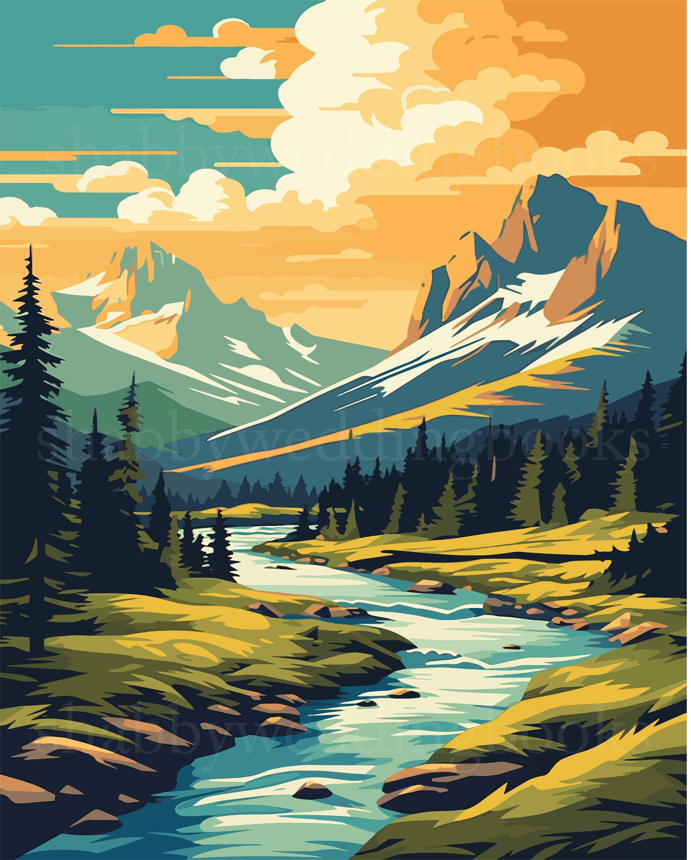 Mountain Scene Art-digital Download-unframed-16x20-wall Art Poster-rocky Mountain Park Vector ...