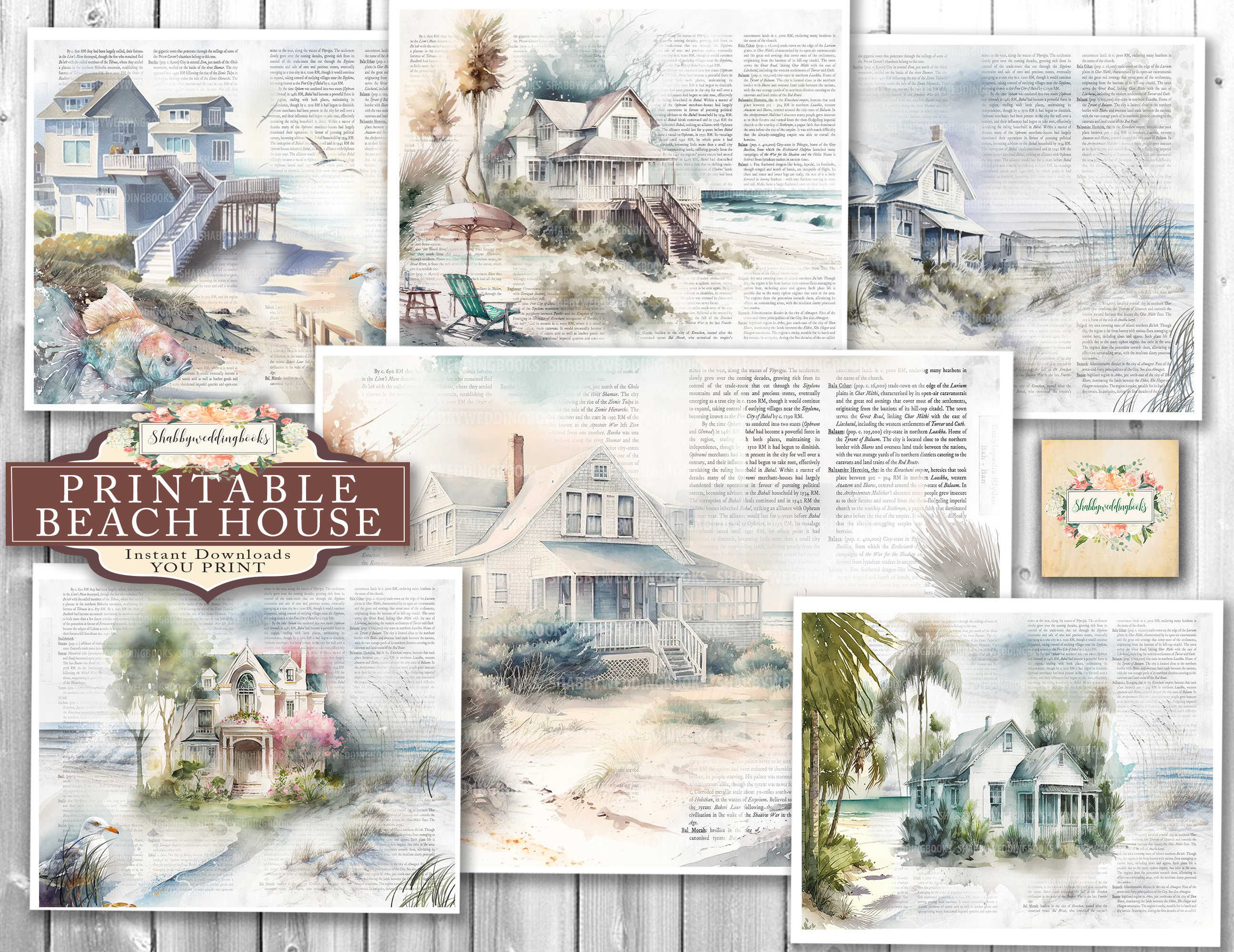 The Beach House, Set of 6 Digital Printable Pages, Watercolor Pages for ...
